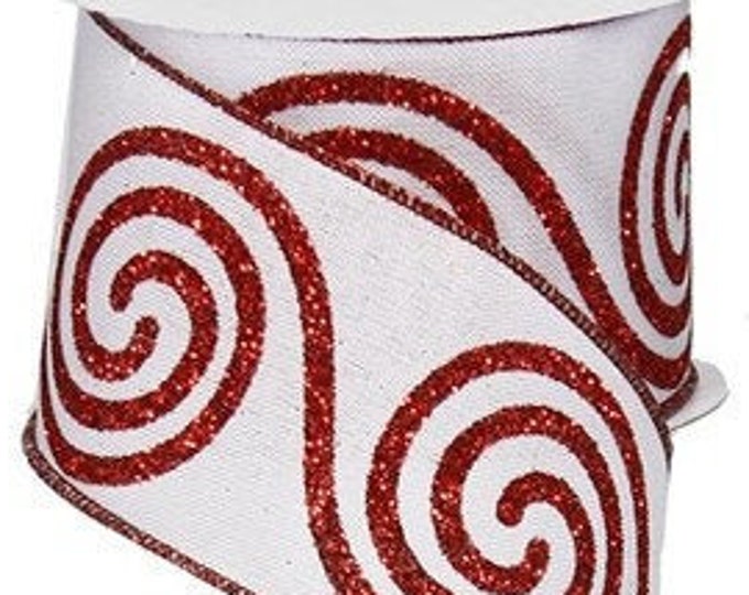 Red Large Glitter Swirl on White Wired Ribbon 2.5" X 10 Yards, Red and ...