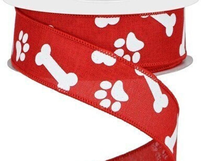 Red/white Dog Paw Print/bones Royal Wired Ribbon, 1.5 X 10 Yard Ribbon ...