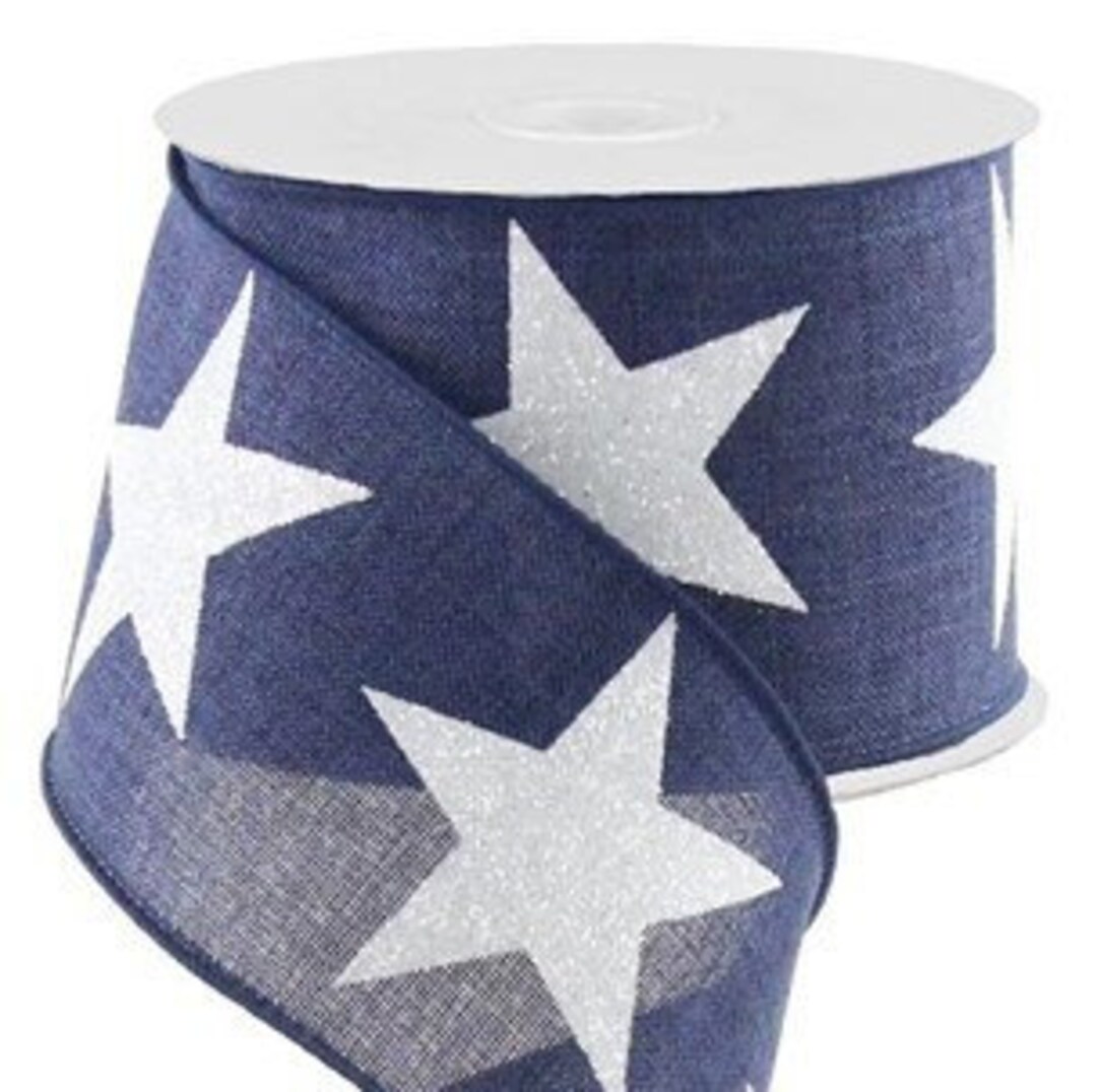 Bold White Glitter Stars Navy Blue Royal Wired Ribbon 2.5" X 10 Yards ...