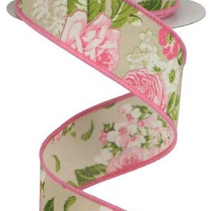 Floral Rose/green/natural Wired Ribbon 1.5 X 10 Yards, Ribbon for ...