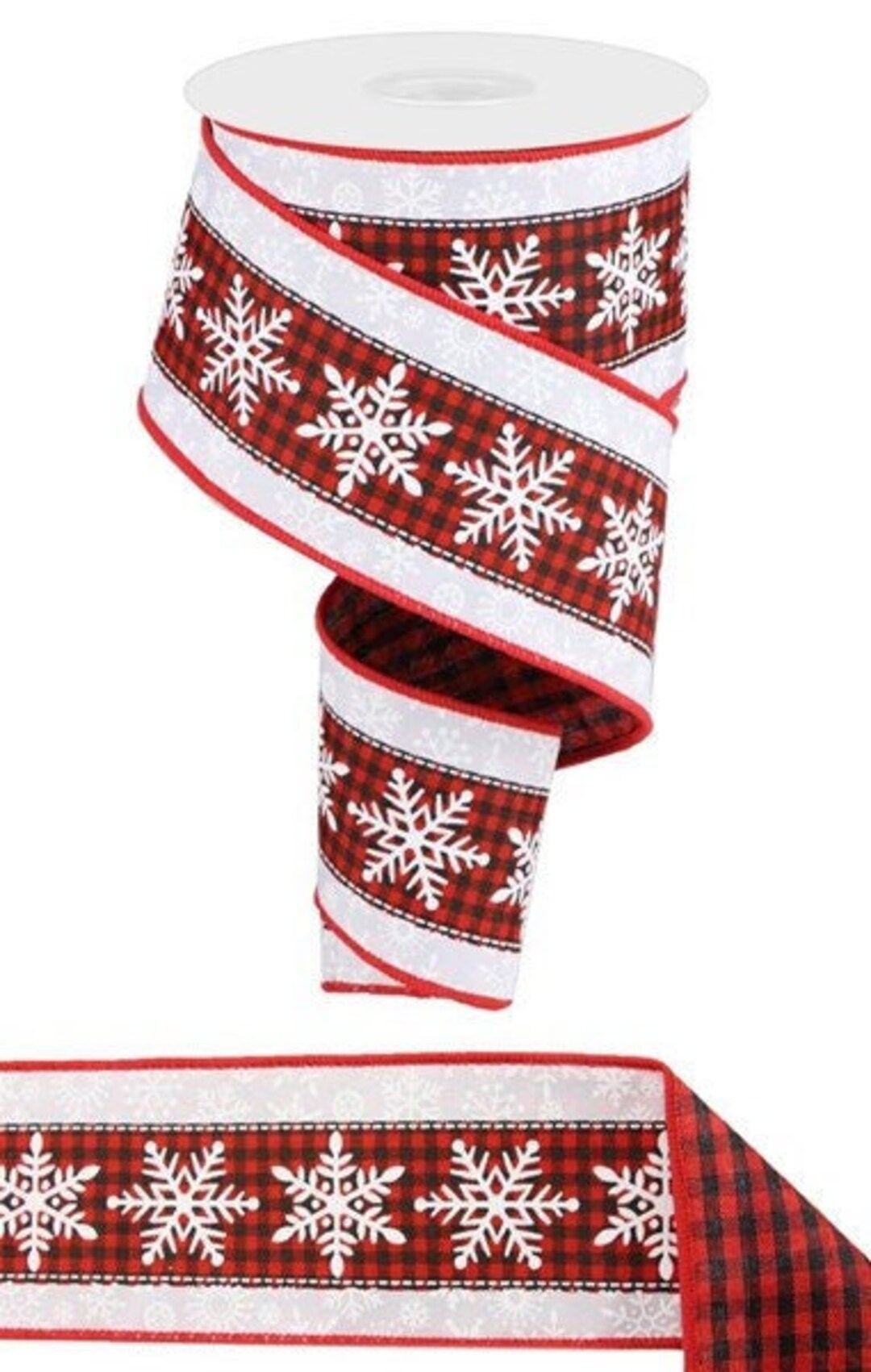 Snowflakes Red/black Check Double Sided Wired Ribbon, Christmas Wired ...