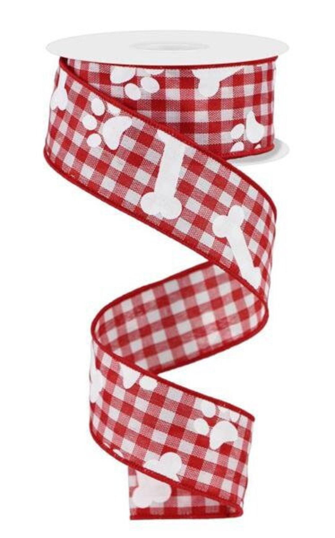 Dog Ribbon Red/white Gingham Paw Bone Wired Ribbon 1.5" X 10 Yards ...
