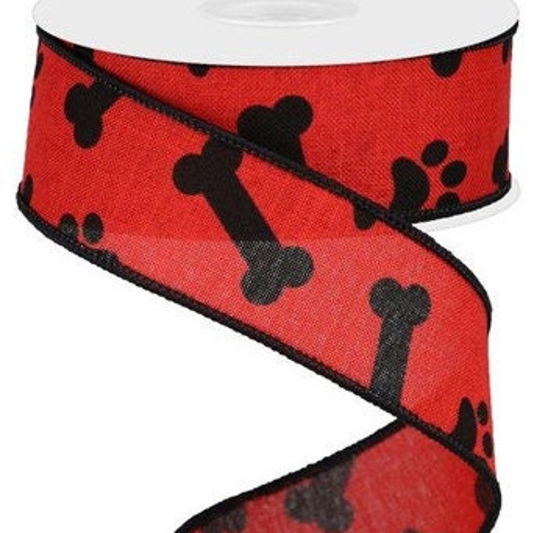 Dog Paw Print/bones Red/black Royal Wired Edge Ribbon 1.5" X 10 Yards ...