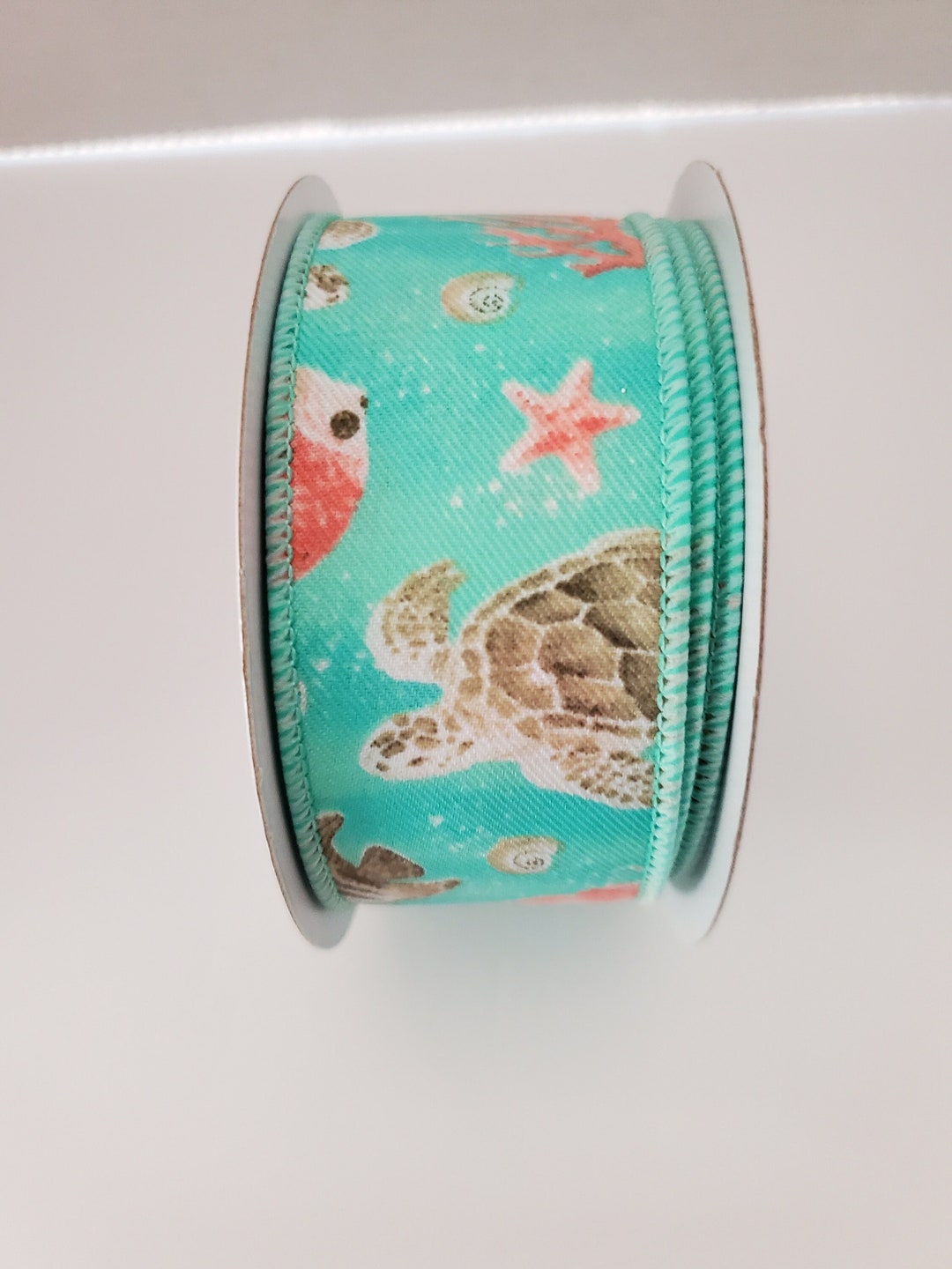 Coastal Pattern Turquoise/coral/cream/seafoam Wired Ribbon 1.5 X 10 ...