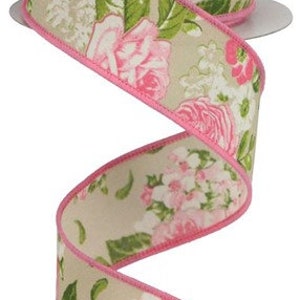 Floral Rose/green/natural Wired Ribbon 1.5" X 10 Yards, Ribbon for ...