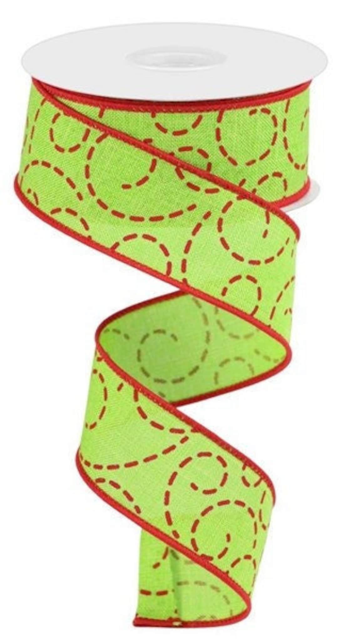 Christmas Lime Green/red Dashed Swirls Wired Ribbon, 1.5" X 10 Yards ...