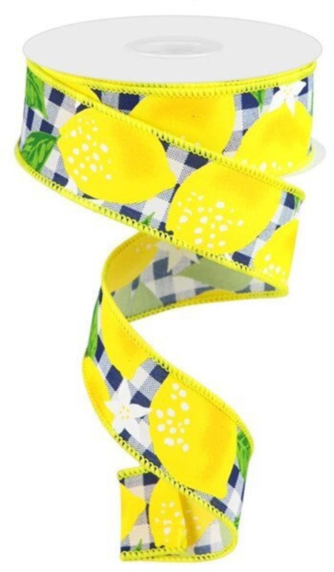 Navy Blue/white Gingham Lemon Ribbon Lemon Wired Ribbon Navy - Etsy