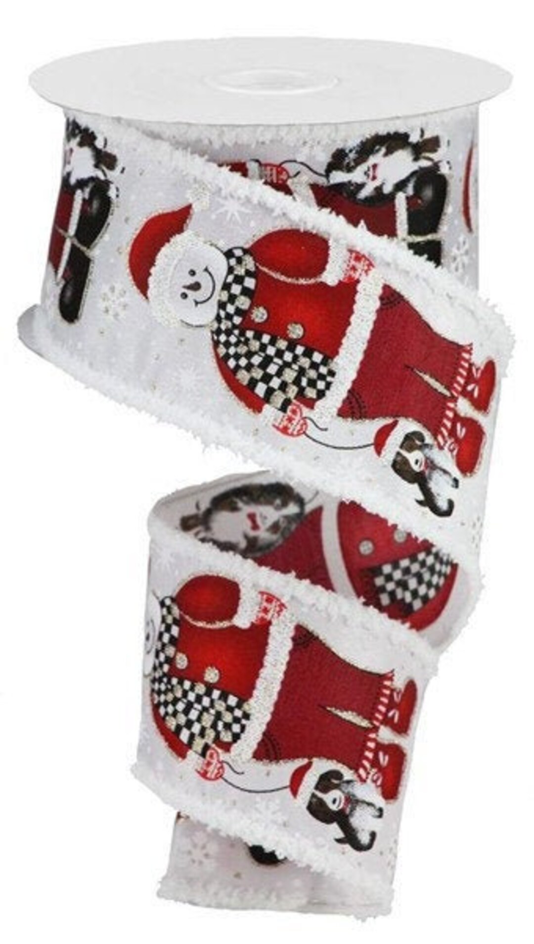 Dog Christmas Santa Snowman White Drift Edge Wired Ribbon, Christmas ...