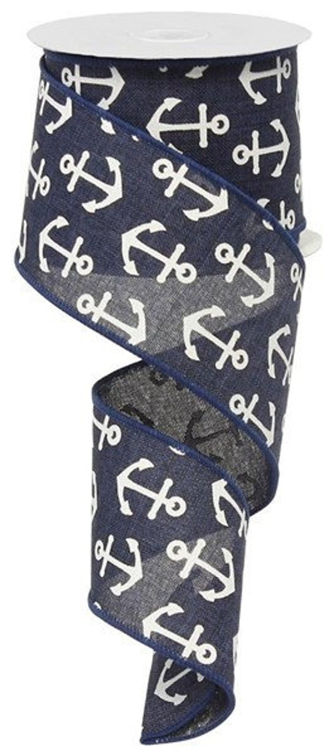 White Anchor on Navy Blue Wired Ribbon, Nautical, 2.5 X 10 Yard Ribbon ...