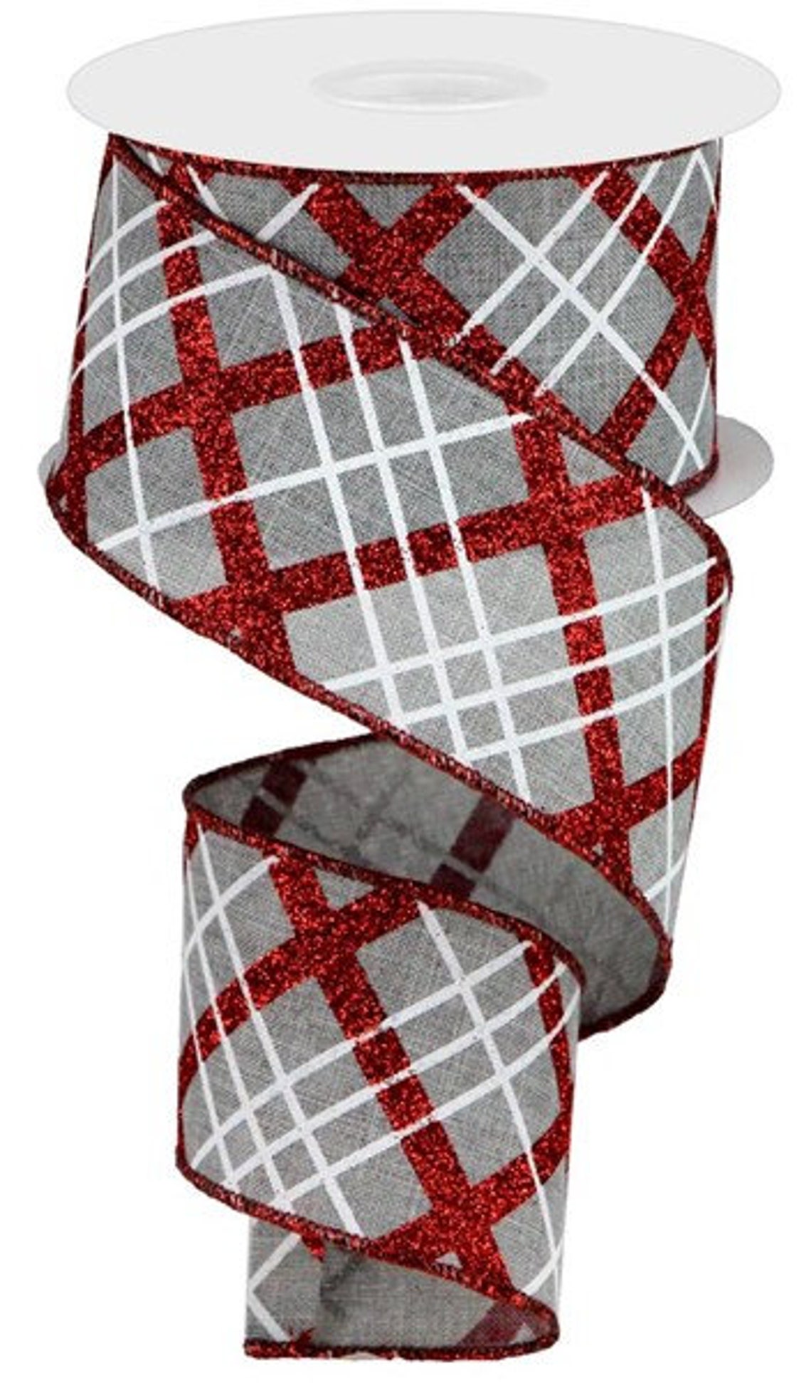 Glitter Diagonal Plaid Light Grey/red /white Wired Ribbon | Etsy