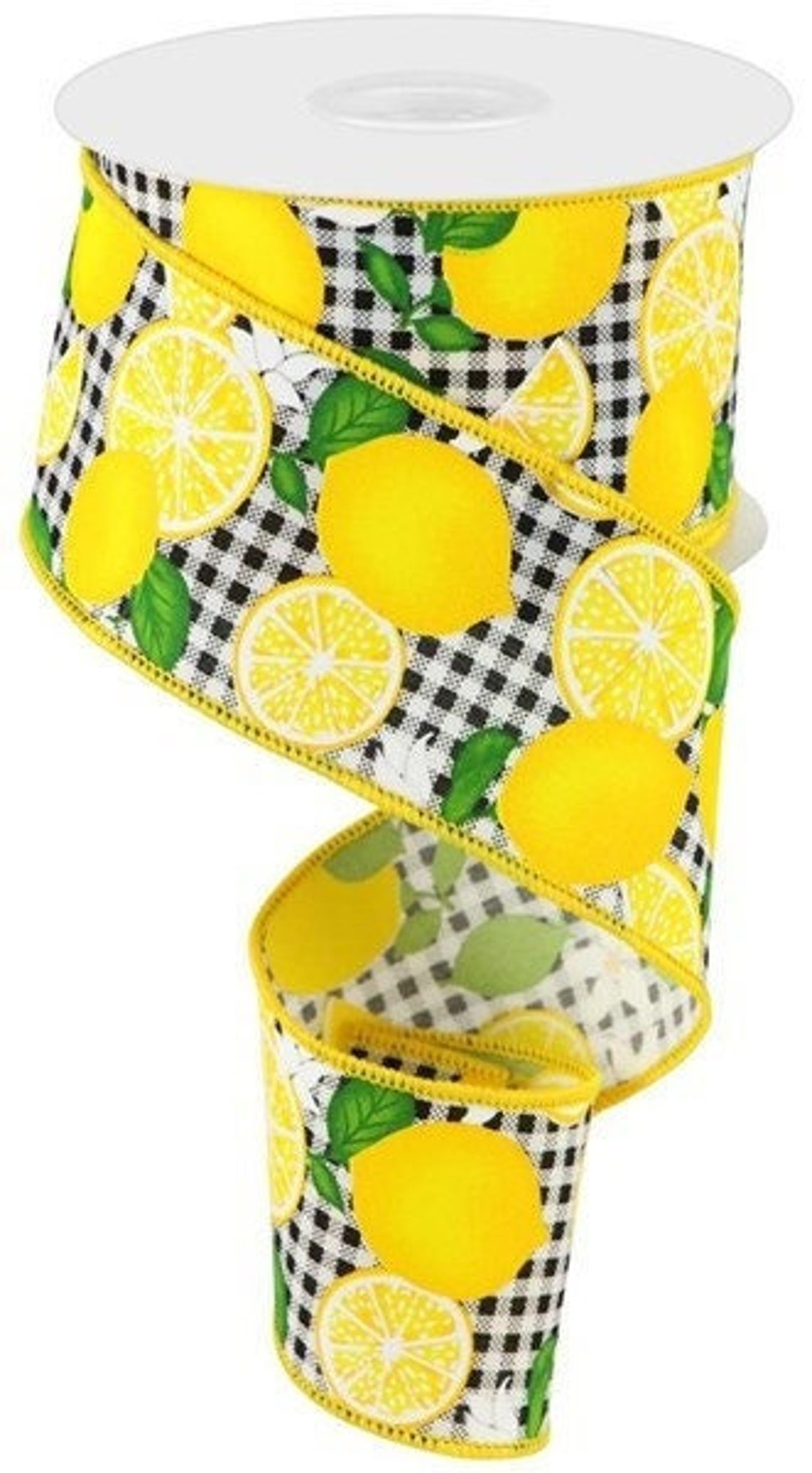 Lemon Slices/lemon Check Wired Ribbon, Gingham Lemon Ribbon, Black ...