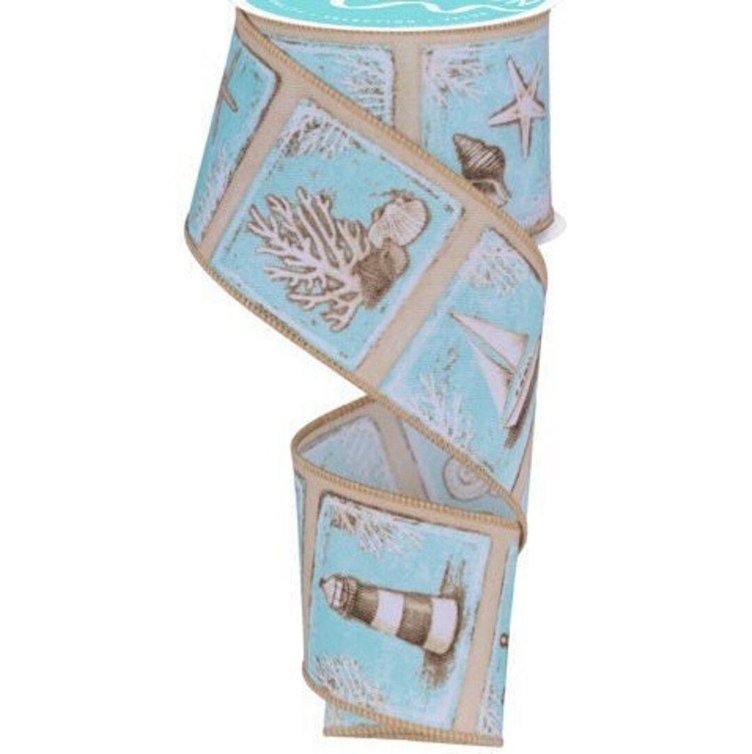 Coastal Block White/taupe/turquoise Wired Ribbon 2.5 X 10 Yards, Beach ...