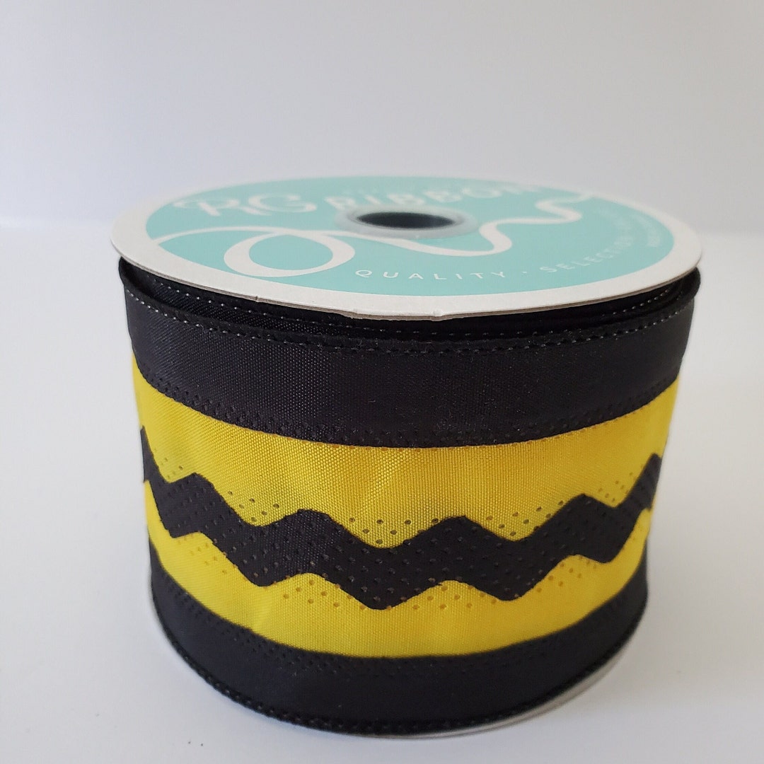 Stripe Yellow Black Ric Rac Satin Wired Ribbon 2.5" X 10 Yards Ribbon ...