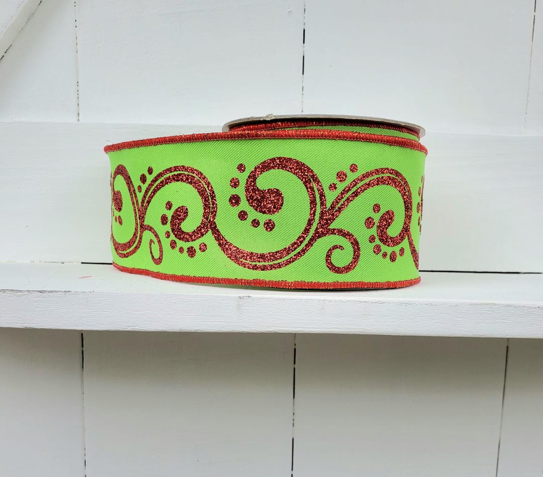 Lime Green Red Glitter Swirls Dots Wired Ribbon 2.5" X 10 Yards ...