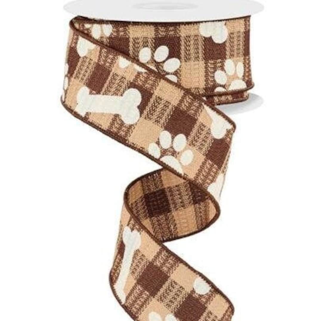 Cream Dog Paw/bones Print on Brown/beige Woven Check Wired Ribbon 1.5 X ...