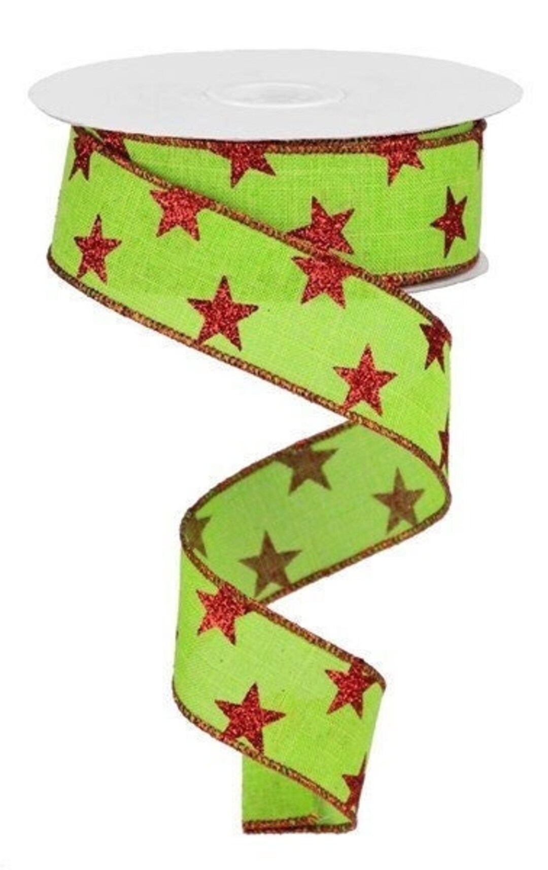 Red Glitter Stars on Lime Green Royal Wired Ribbon 1.5" X 10 Yards ...