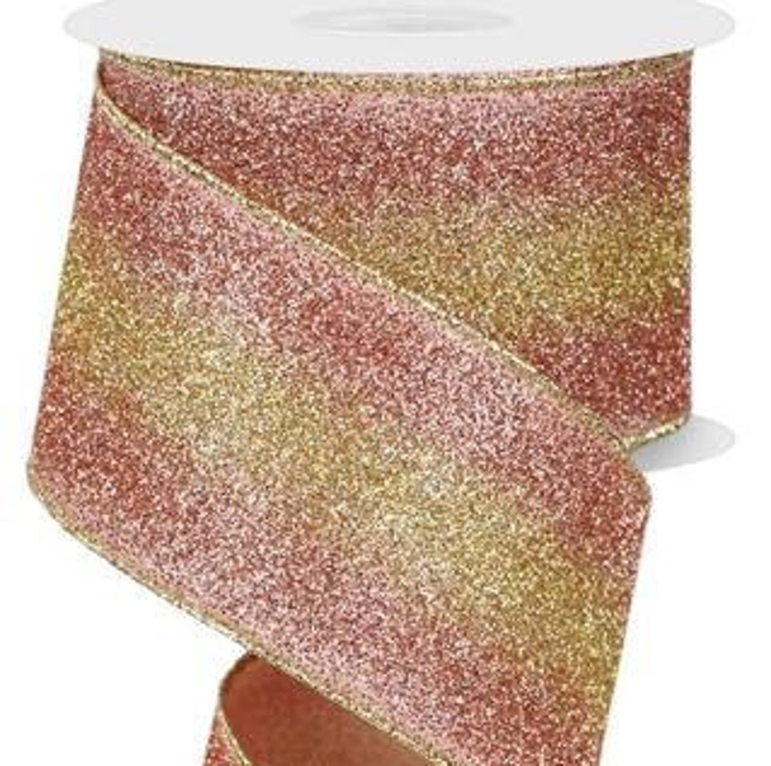 Light Pink/rose Gold/gold Gradient Glitter Wired Ribbon 2.5" X 10 Yards ...