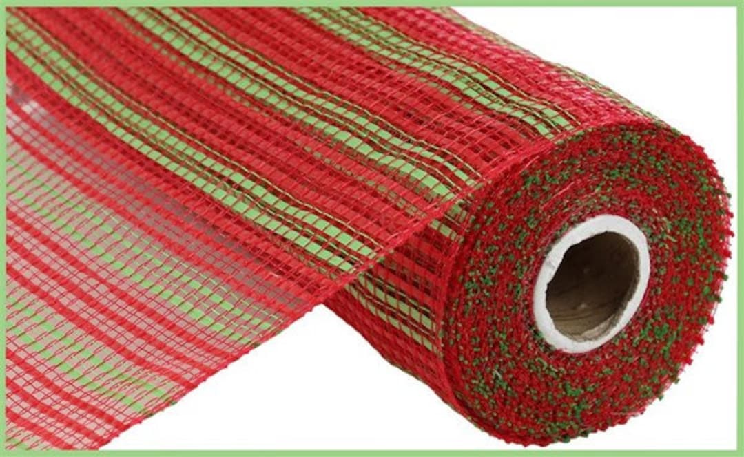 Red/lime Green Horizontal Wide Stripe Mesh 10 Inch, Wreath Mesh, 10" X ...