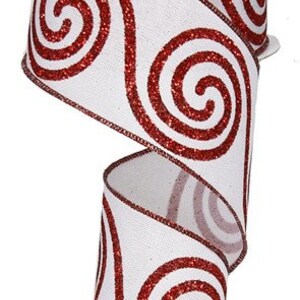 Red Large Glitter Swirl on White Wired Ribbon 2.5" X 10 Yards, Red and ...