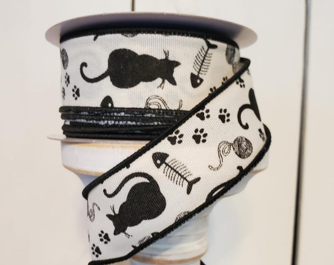 Black Cat Silhouettes With Paws/yarn/fish Bones on Cream Wired Ribbon 1 ...