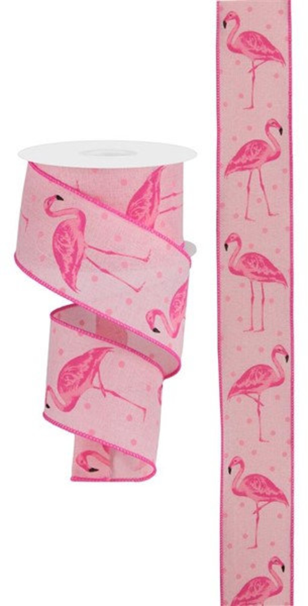 Pink Flamingo Wired Ribbon, Flamingo Ribbon, Polka Dot Ribbon, 2.5" X ...