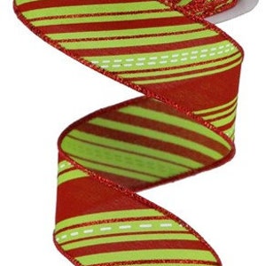 Slant Lines Lime/red/white Wired Ribbon, 1.5" X 10 Yards Ribbon, Wreath ...