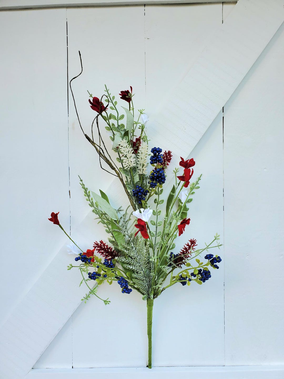 Red/white/blue Floral With Beads Greenery Spray 24", Floral Spray for ...