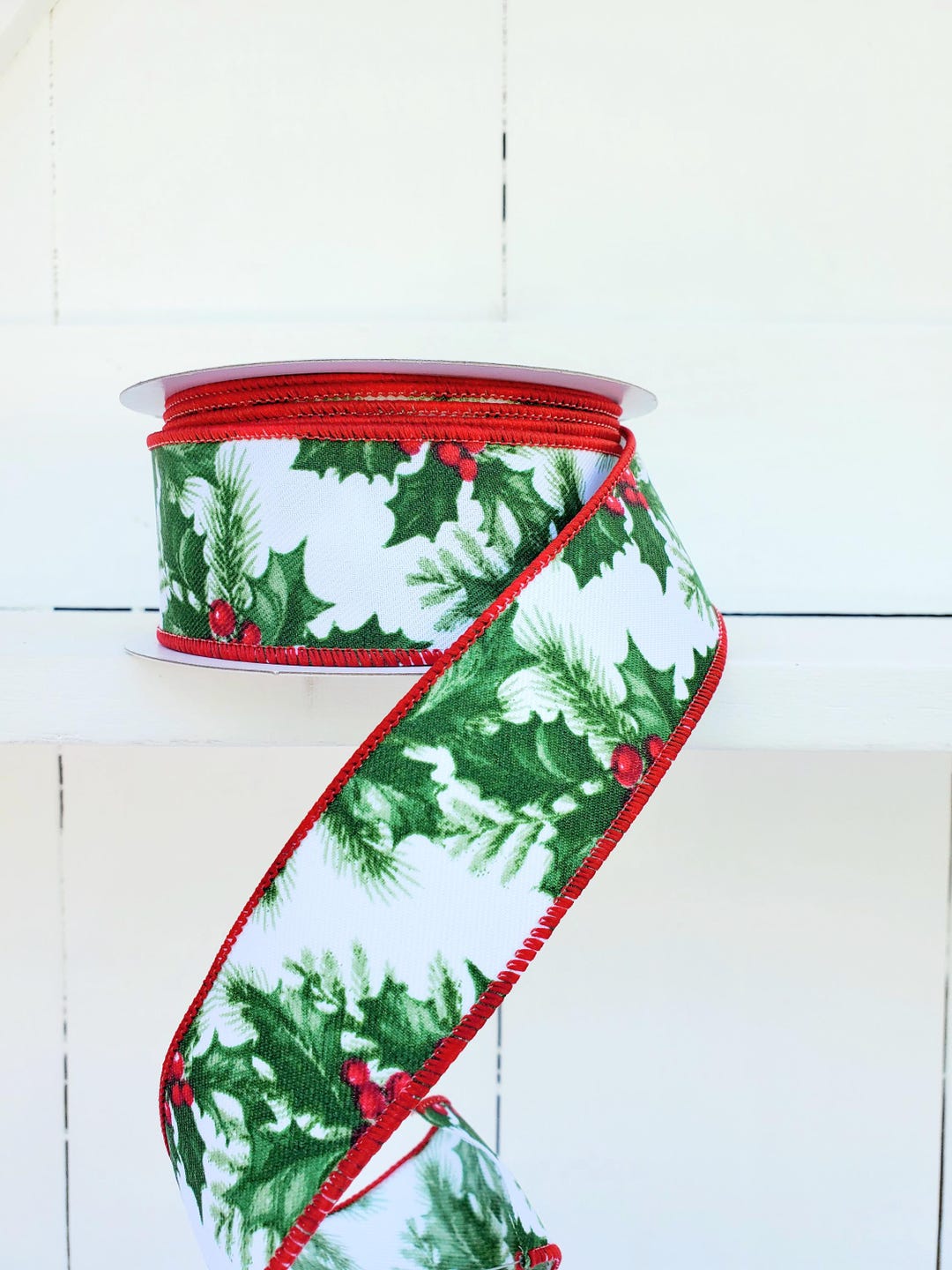 Holly Leaves Pine Garland Red Berry Wired Ribbon 1.5" X 10 Yards ...