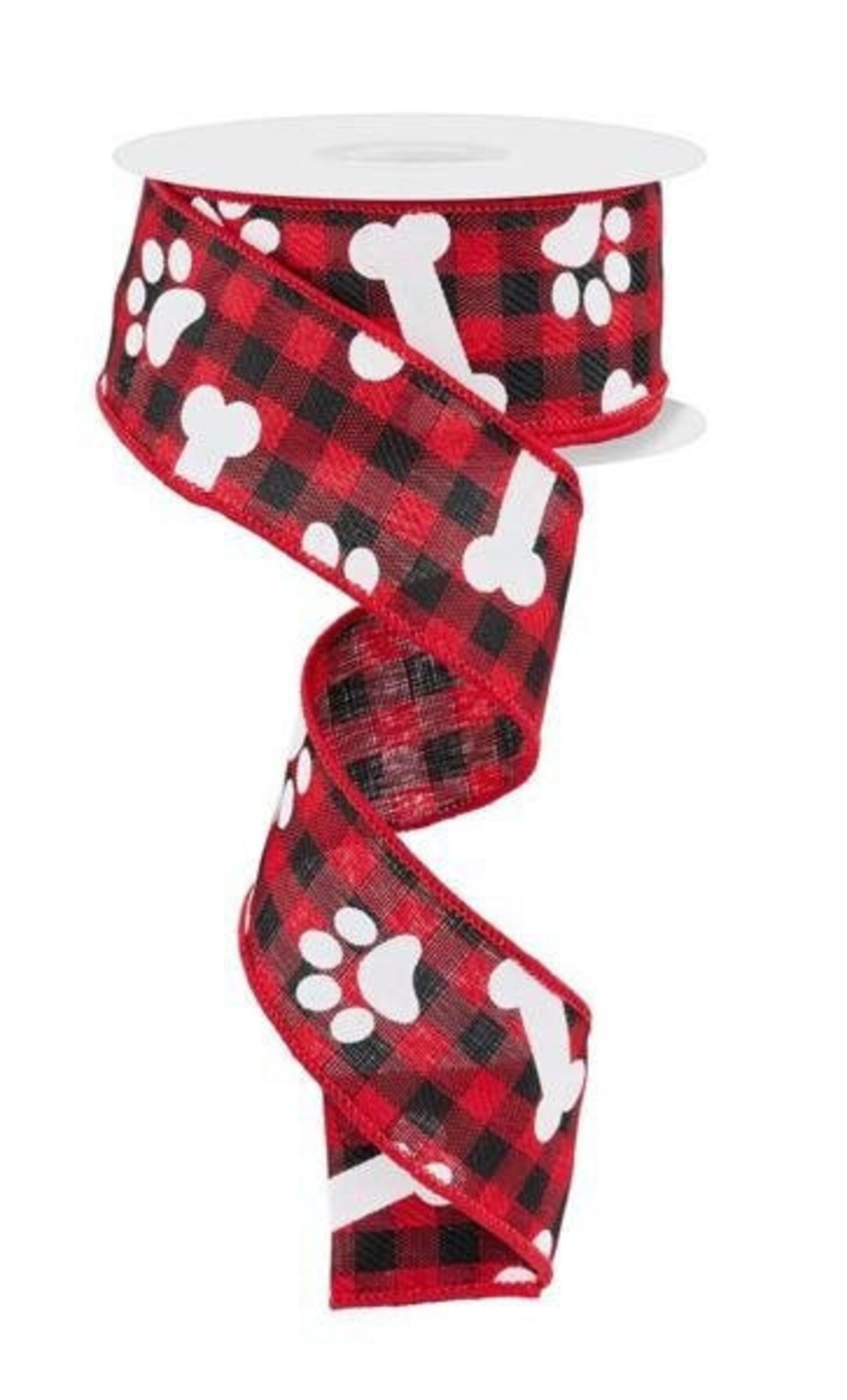 White Dog Paw/bones Print on Black/red Woven Check Wired Ribbon 1.5" X ...