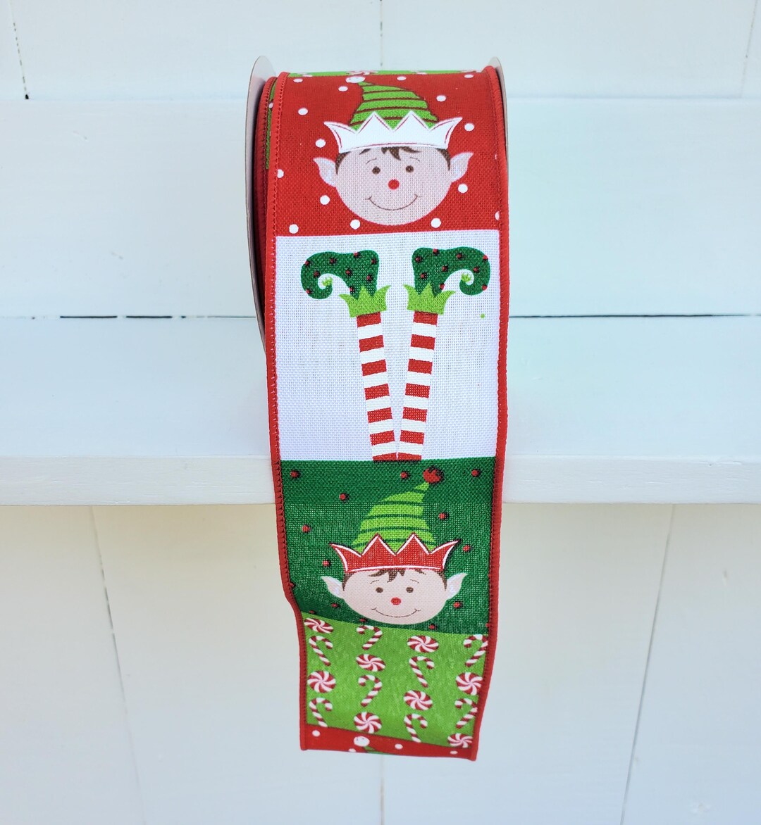 Elf Face/legs Pattern Faux Royal Christmas Wired Ribbon 2.5" X 10 Yards ...