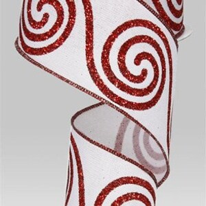 Red Large Glitter Swirl on White Wired Ribbon 2.5" X 10 Yards, Red and ...