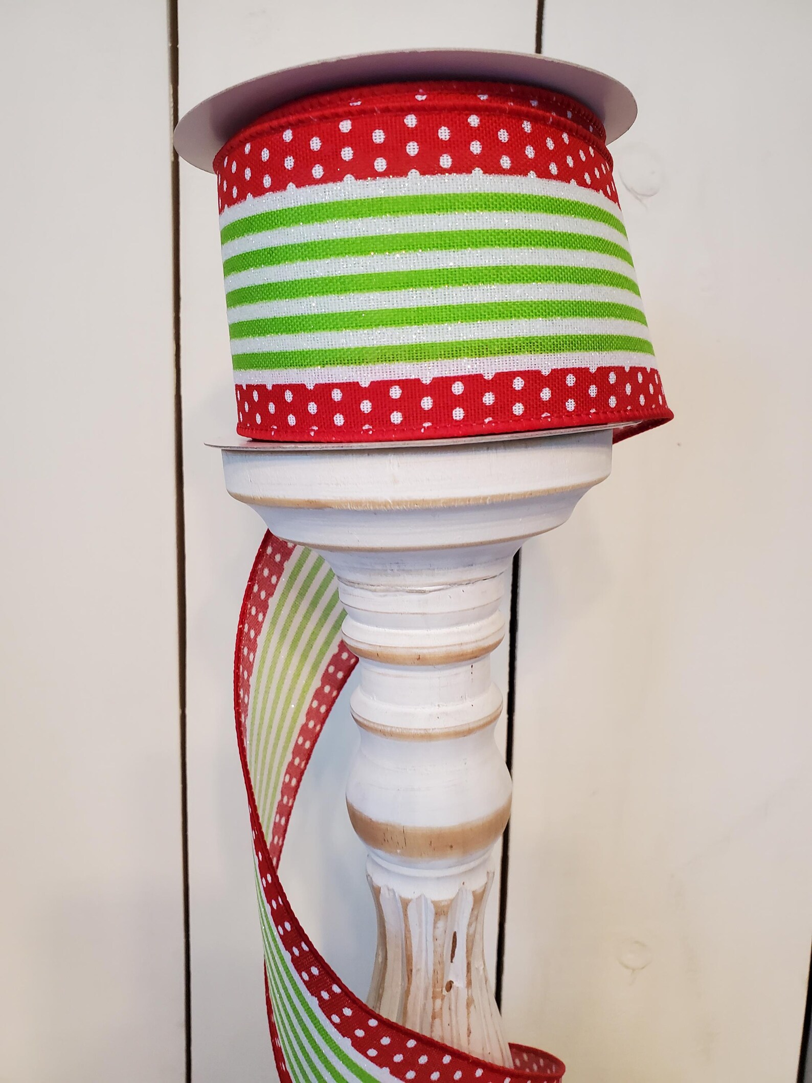 Lime/white Vertical Stripe With Red/white Polka Dot Edge Wired Ribbon 2 ...