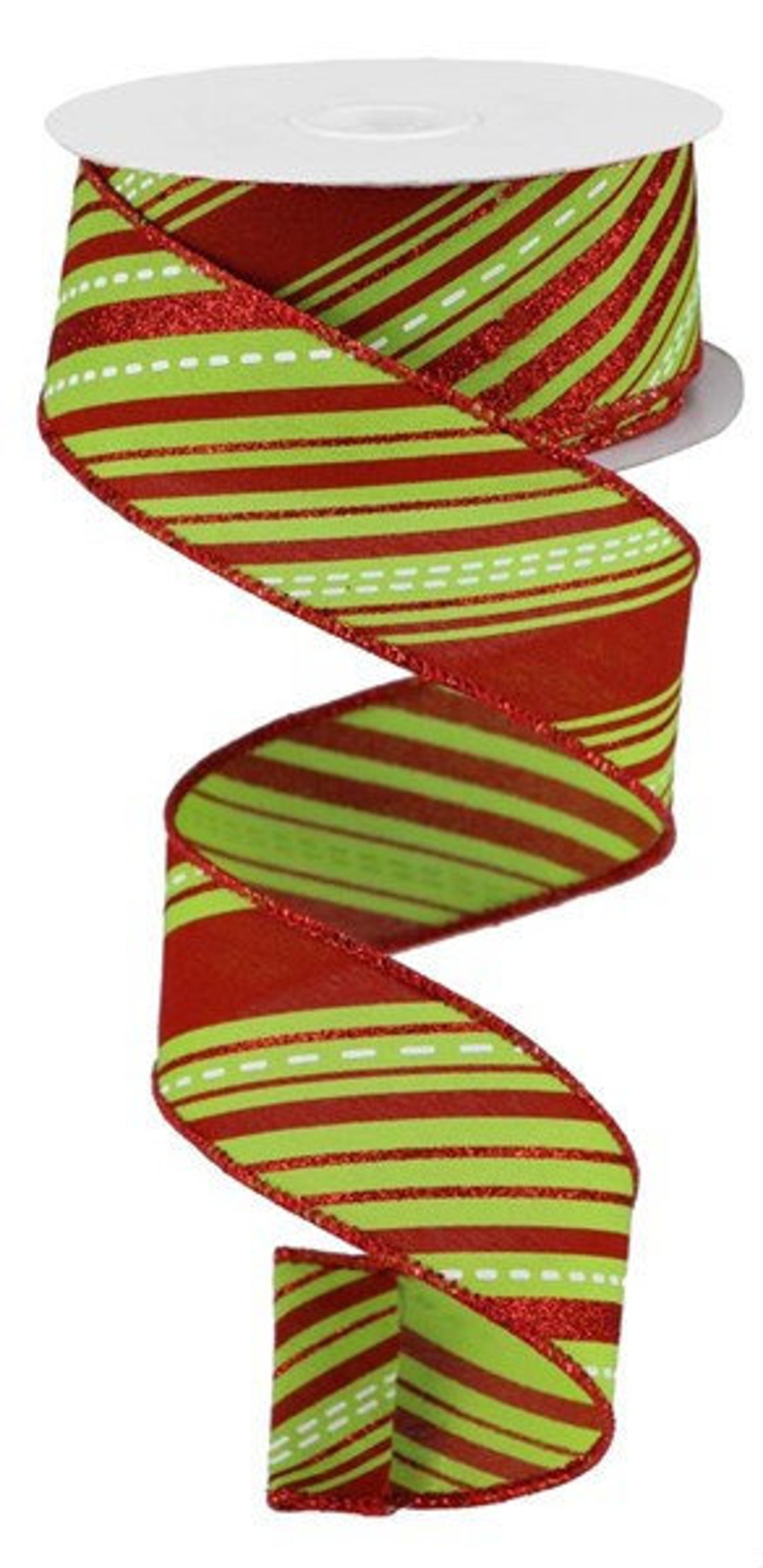 Slant Lines Lime/red/white Wired Ribbon, 1.5" X 10 Yards Ribbon, Wreath ...