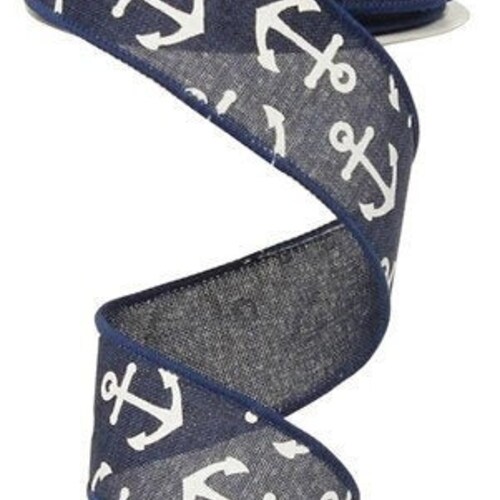 White Anchor on Navy Blue Wired Ribbon Nautical 2.5 X - Etsy