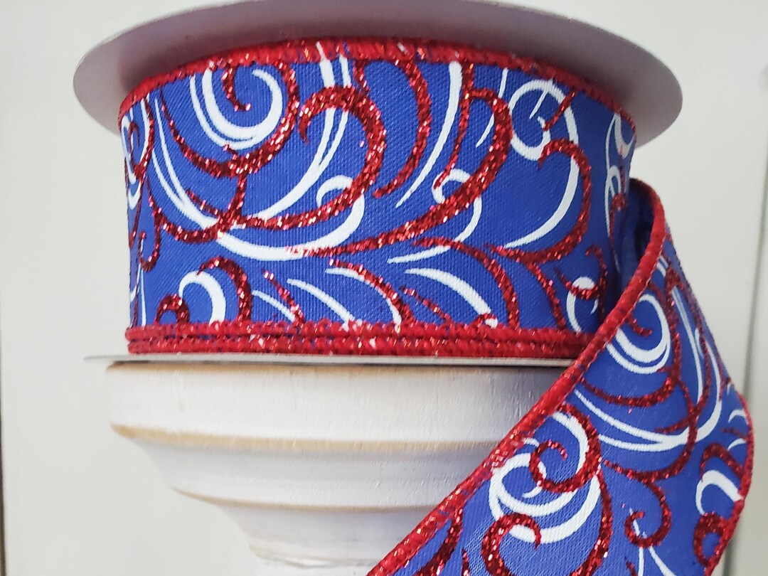Royal Blue White Red Glitter Multi Swirls Wired Ribbon 1.5" X 10 Yards ...