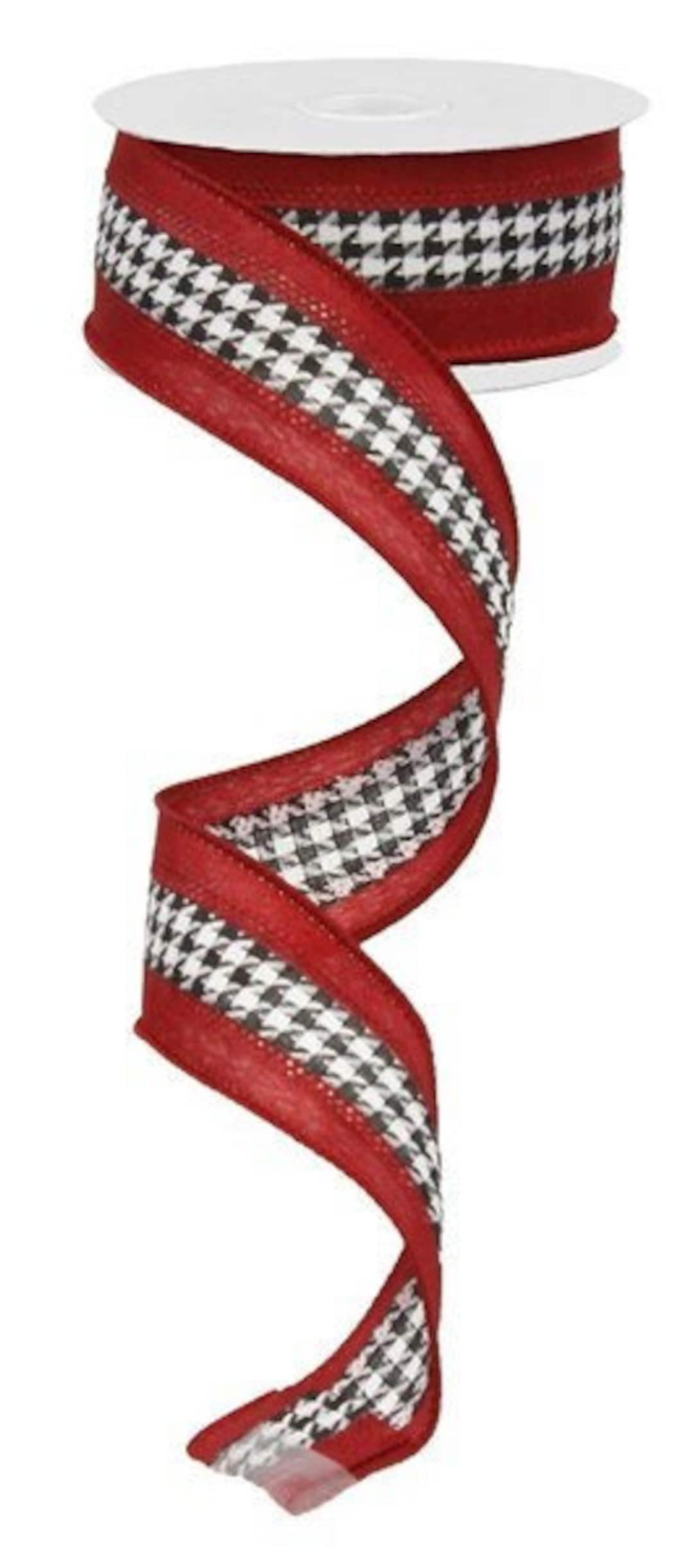Small Houndstooth Black/white Crimson Edge Satin Wired Ribbon 1.5" X 10 ...