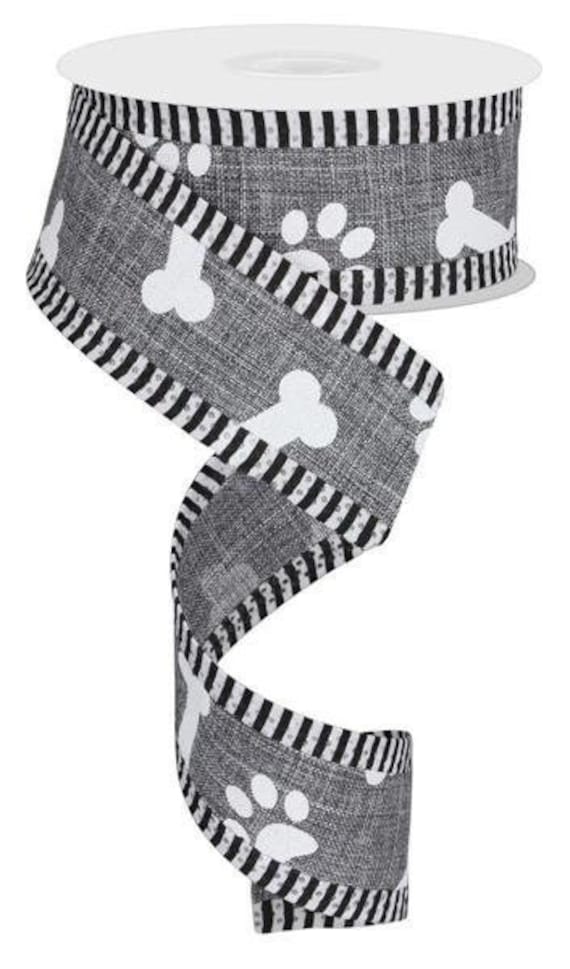 Grey/white Paws/bones Print Thin Stripe Edge Wired Dog Ribbon | Etsy
