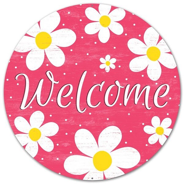 Welcome White Daisy Fuchsia 12 Inch Metal Sign, Spring Sign, Welcome ...