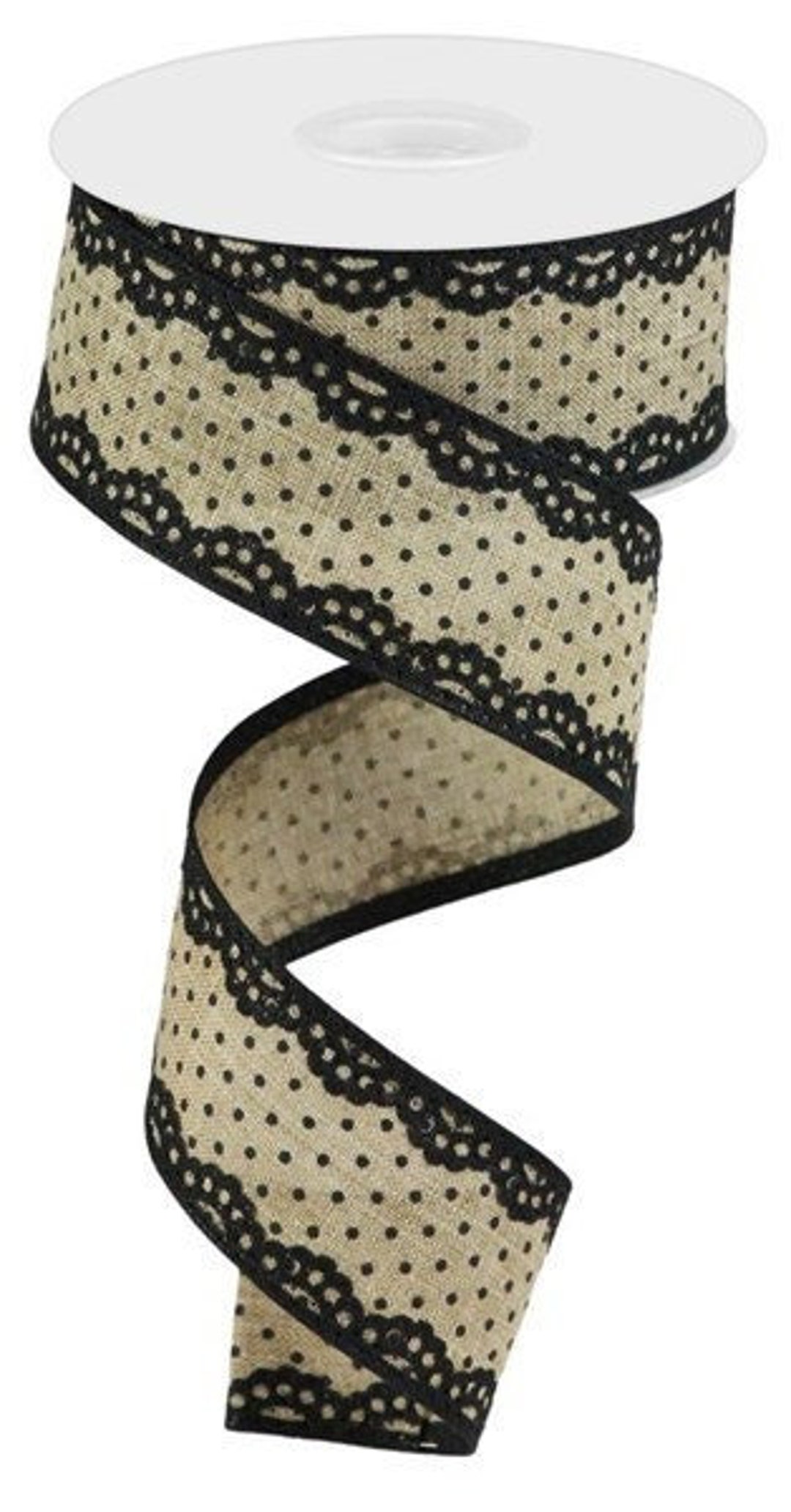 Raised Swiss Dots/lace Light Beige/black Wired Ribbon, 1.5" X 10 Yards ...