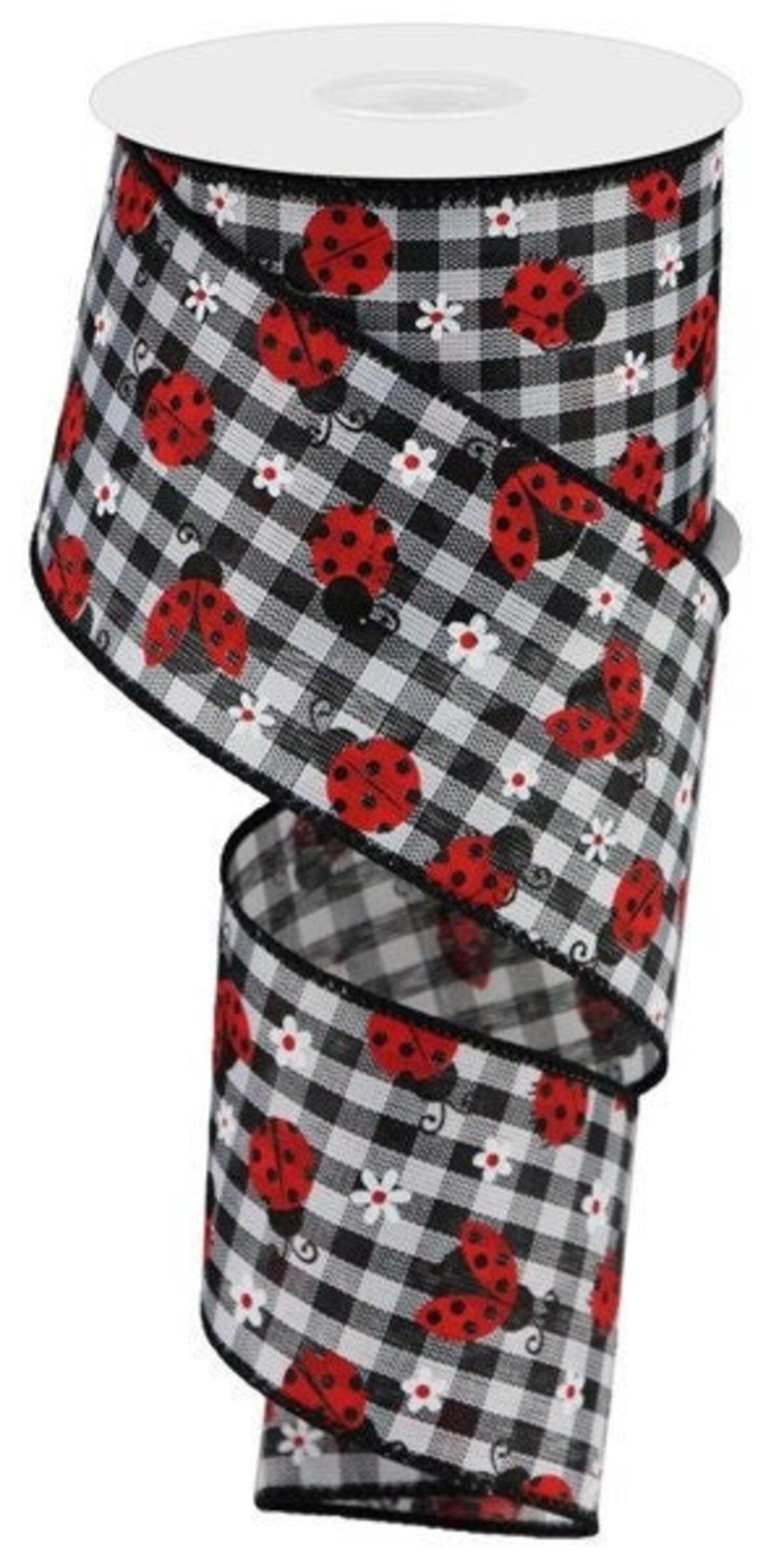 Mini Red Ladybug Gingham Black White Check Wired Ribbon, 2.5" X 10 ...