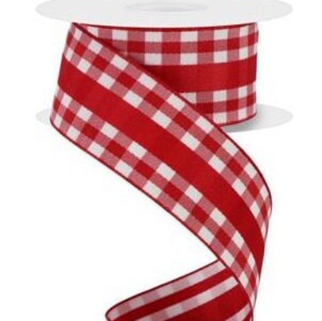 Red/white Mini Gingham Check Red Stripe Center Wired Ribbon, 1.5" X 10 ...