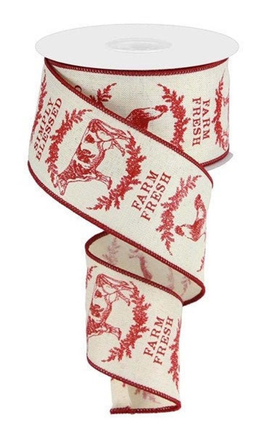 Farmhouse Ribbon Red Animal Print Cream Wired Ribbon 2.5" X 10 Yards ...