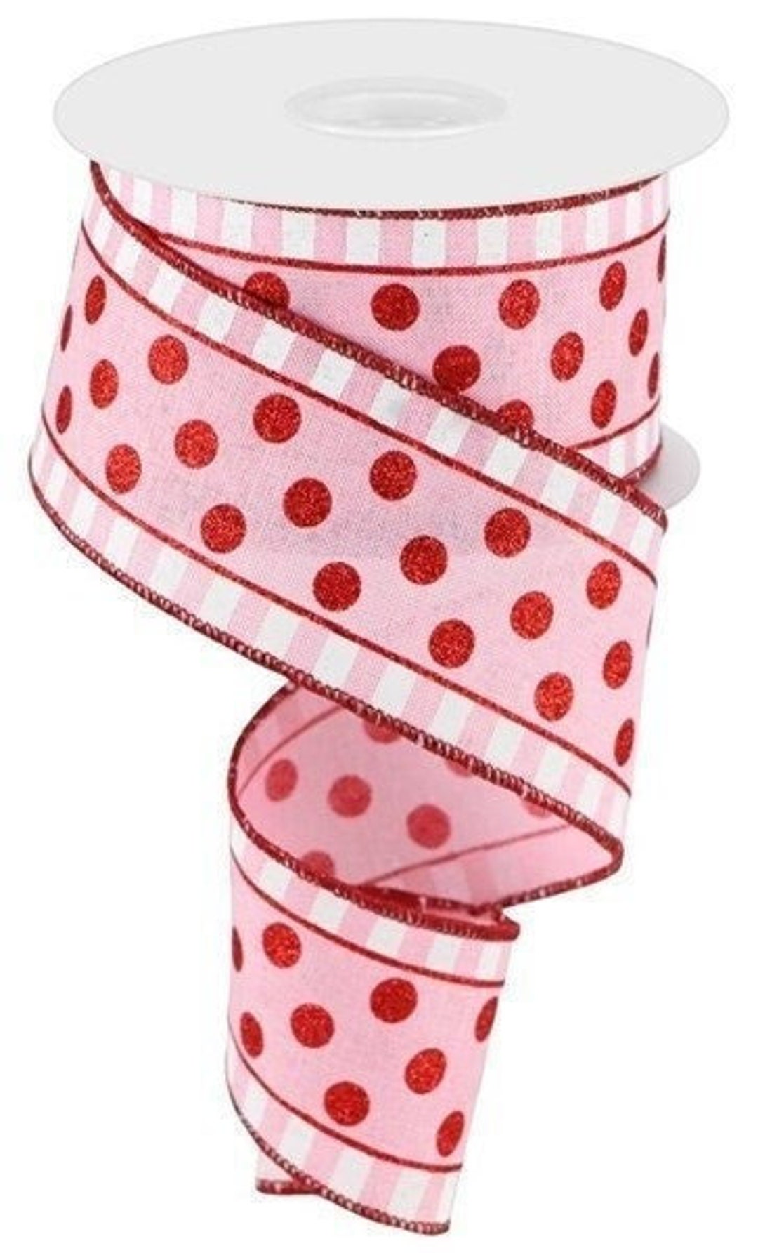 Pink With Red Glitter Polka Dot Pink Striped Edge Wired Ribbon 2.5" X ...