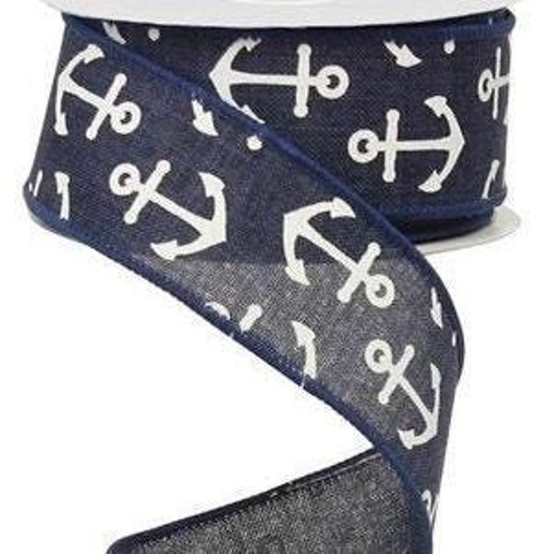 White Anchors on Navy Blue Royal Wired Ribbon 1.5" X 10 Yards, Nautical ...