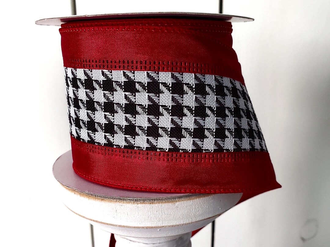 Large Houndstooth Black/white Crimson Edge Satin Wired Ribbon 2.5" X 10 ...