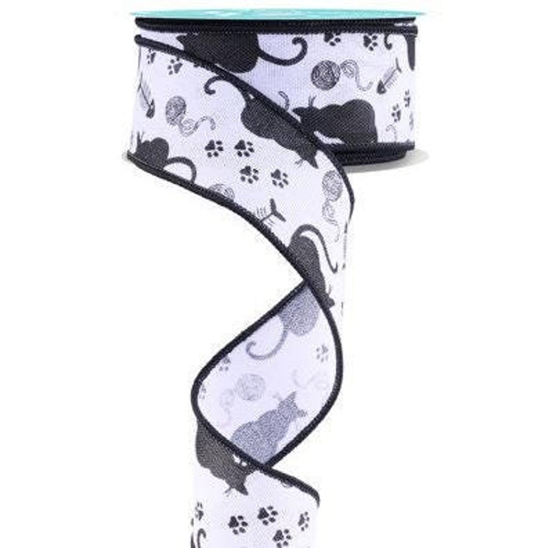 Black Cat Silhouettes With Paws/yarn/fish Bones on White Wired Ribbon 1 ...