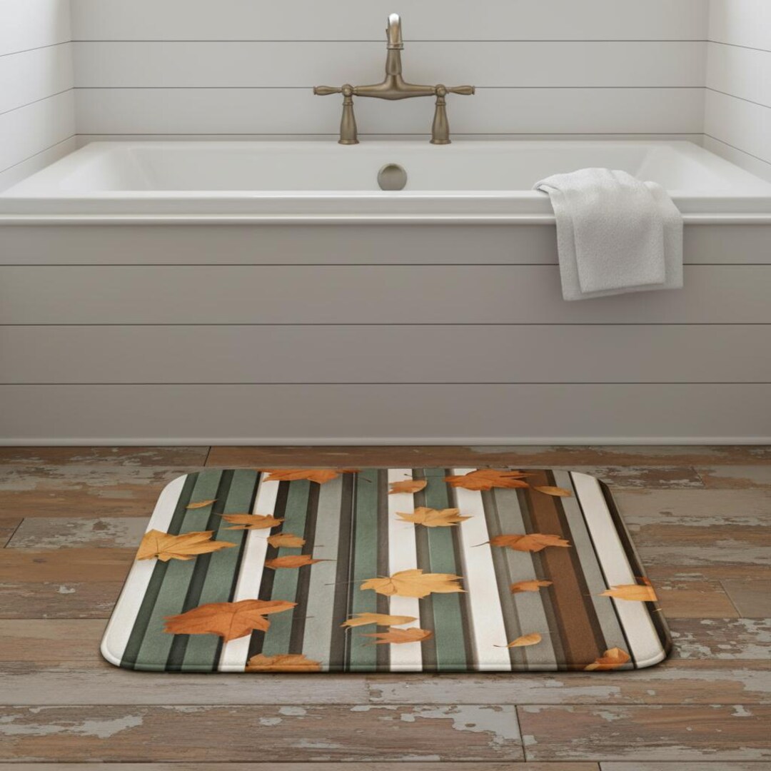 Fall Leaves Memory Foam Bath Mat | Striped Autumn Decor (24x17) - Etsy