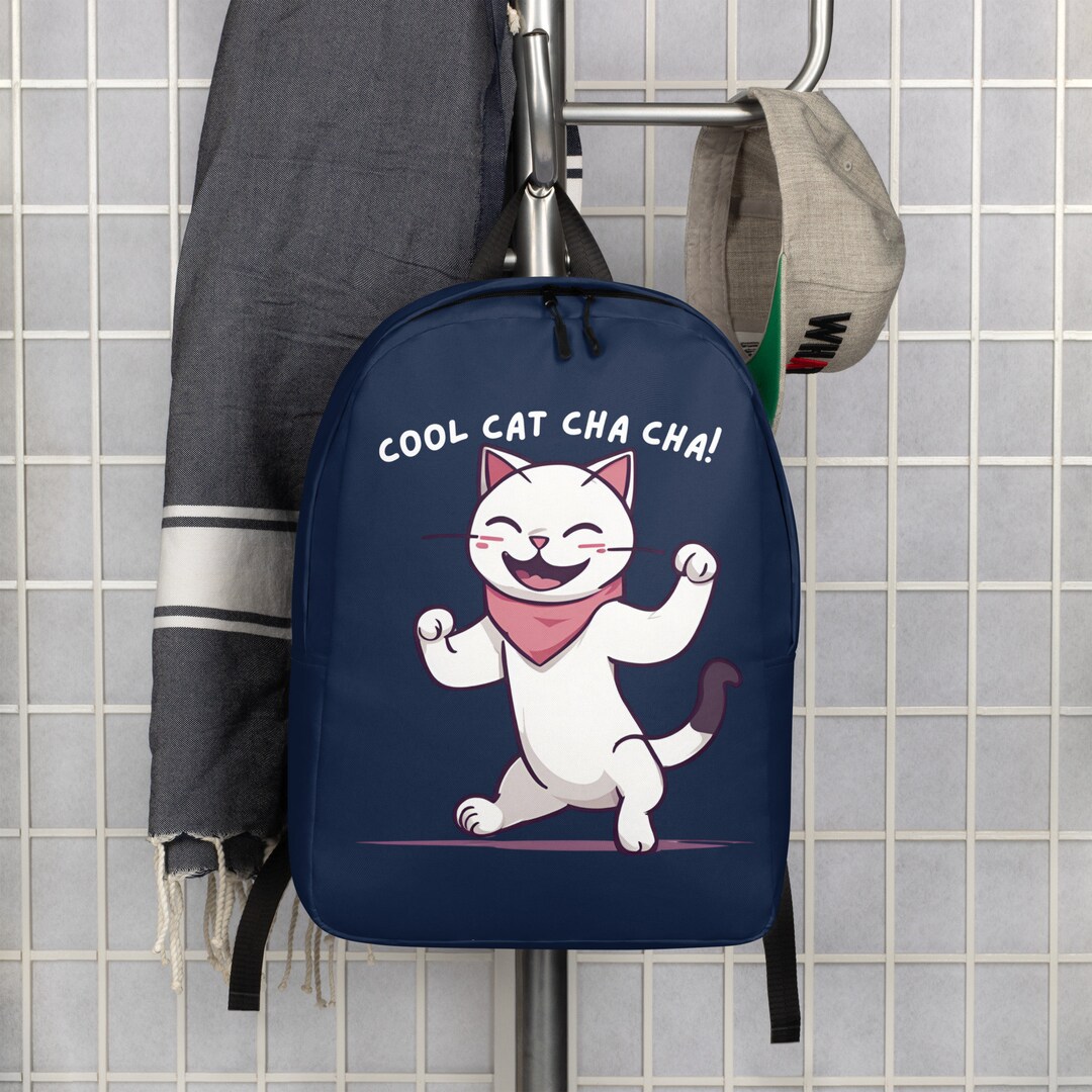 Minimalist Backpack Cool Cat Cha Cha on Navy Blue Large Zip Top 15 in ...