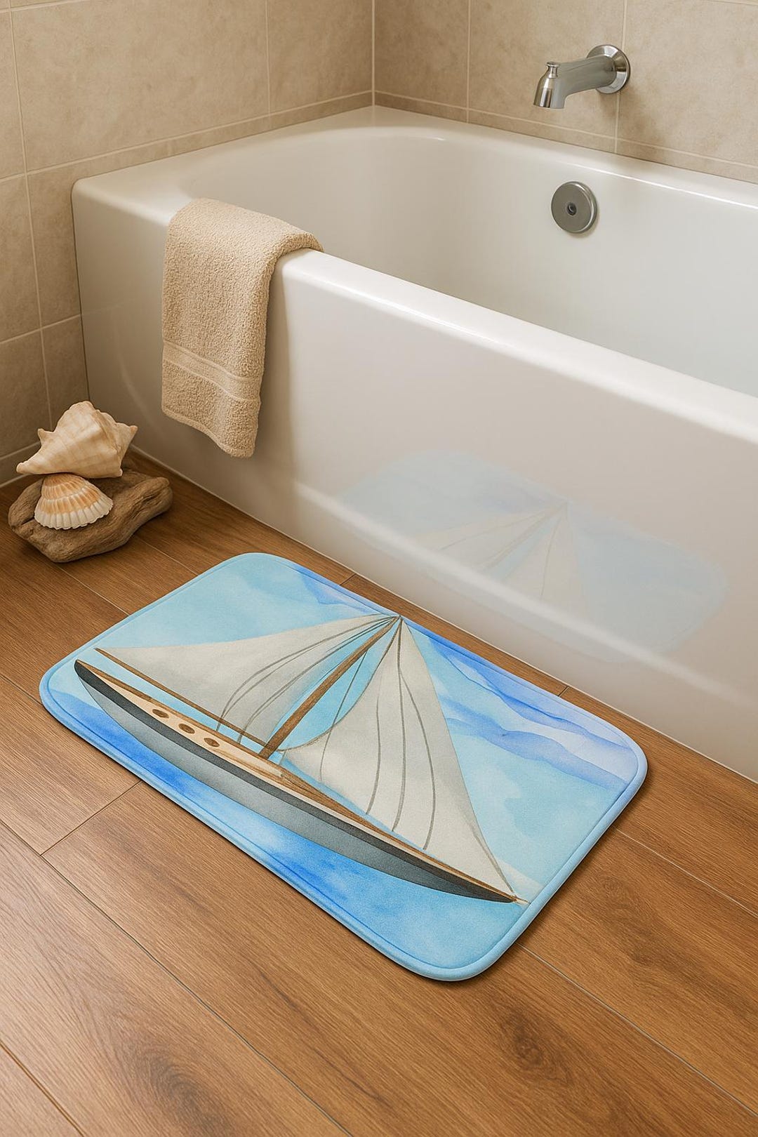 Nautical Sailboat Bath Mat | Coastal Seascape Bathroom Rug - Etsy