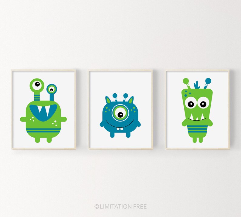 Monster Nursery Wall Art Print Set Of 3 Monster Wall Art | Etsy